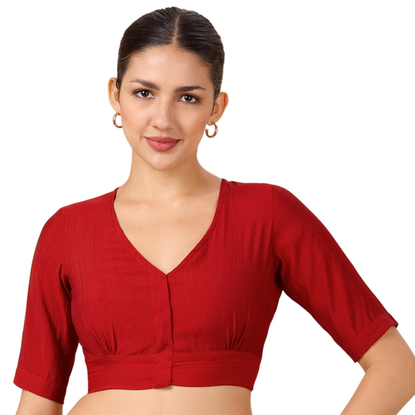 Studio Shringaar Women's Red Viscose Smart V Neck Readymade Saree Blou